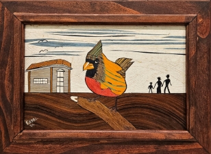 "Cardinal", a piece of wall art by artist, Errol Bruce, is created ...