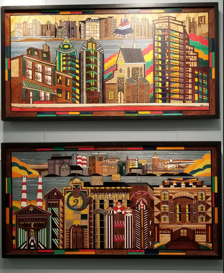 "Skyline East" is a marquetry art piece by artist, Errol Bruce