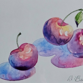 Trio of Cherries, a watercolor painting by Dorothy Burdin